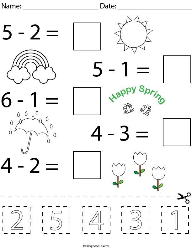Spring Cut and Paste Subtraction Math Worksheet - Twisty Noodle